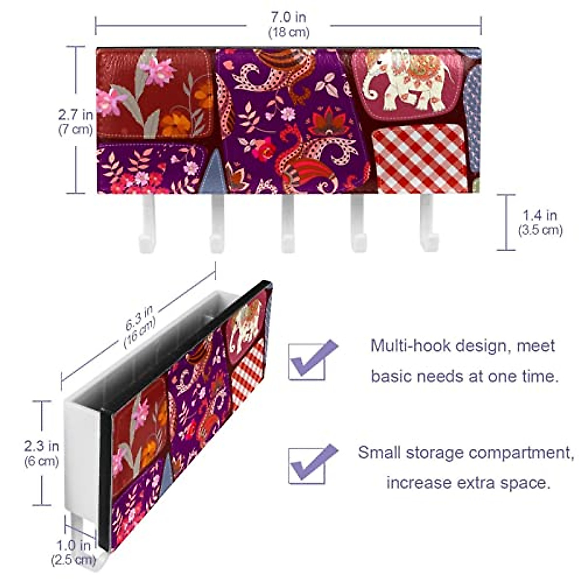 Ethnic Patchwork Elephant Floral Rack Organizer with 5 Hooks Wall Bathroom Kitchen Shelf Rack Multifunctional Storage Shelf