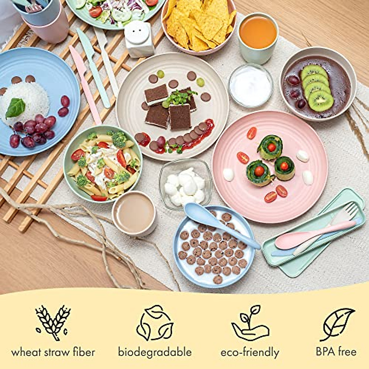 FOODLE Wheat Straw Dinnerware Sets for 4 - Lightweight & Unbreakable Dishes - Microwave & Dishwasher Safe - Perfect for Camping, Picnic, RV, Dorm - Plates, Cups and Bowls - Great for Kids & Adults