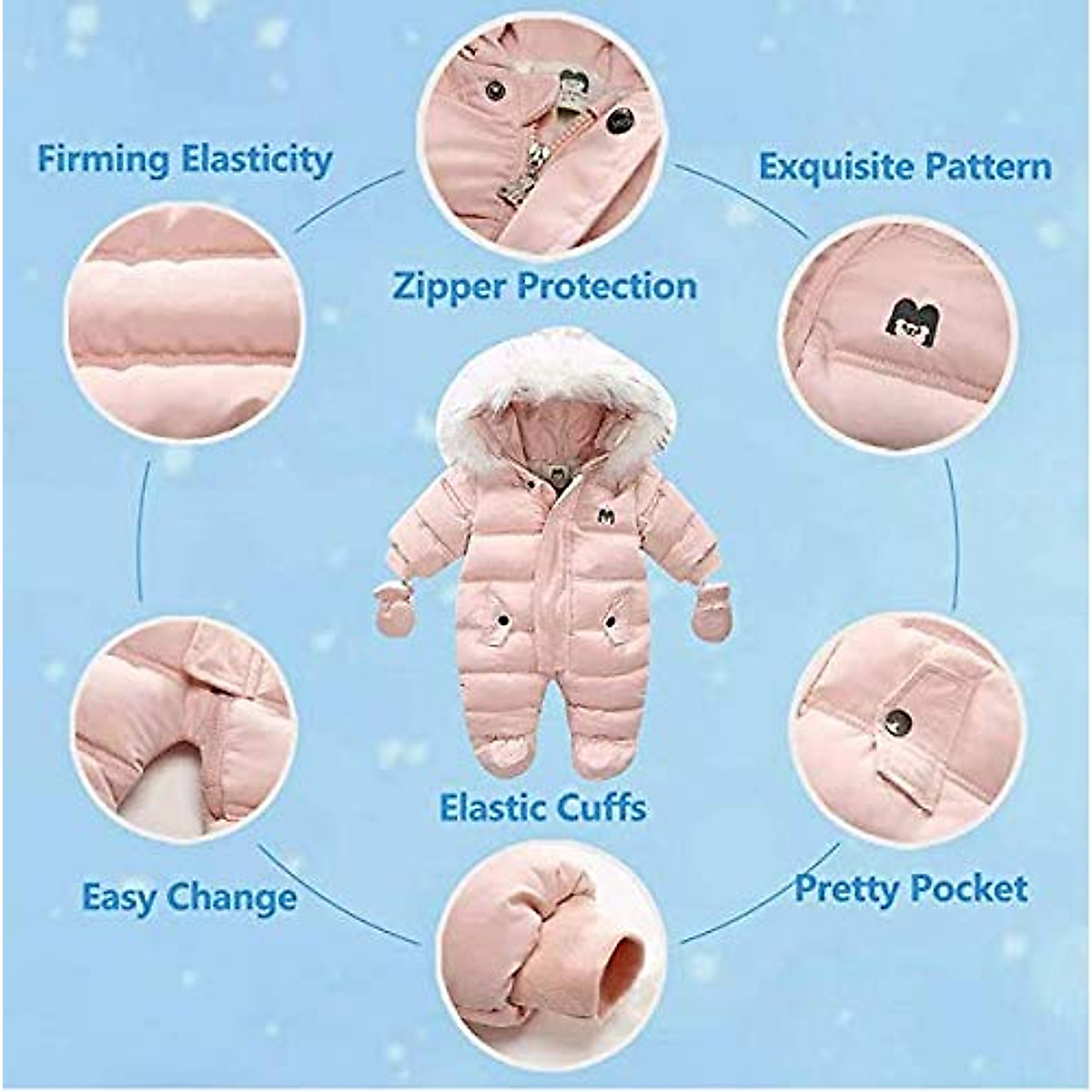 Pudcoco Toddler Baby Girls Boys Zipper Down Jumpsuits with Gloves, Winter Snowsuit Coat Romper Jumpsuit Outfits (D Pink Cotton Jacket + Gloves, 6-9M)