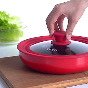 Teeo - Universal Pot Lid - Pan Cover for Frying - Drop Lid - Silicone Lids 8 - Tempered Glass Silicone Rim Cool Touch Handle Steam Vent Dishwasher Safe Skillet Multi-sized Lid (8/8.5/9.5 inches, Red)