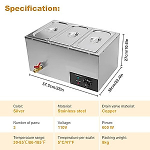 Steam Table Food Warmer - Steam Table 3-Pan Countertop Steamer,Stainless Steel 86-185°F Temp Control Food Warmers for Catering Restaurants Entertaining Parties