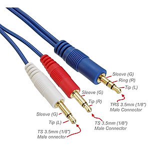 CablesOnline 3.5mm (1/8") TRS Stereo Male to Dual (Rd/Wh) 3.5mm (1/8") TS Mono Male Blue Audio Breakout Cable (1 Foot)