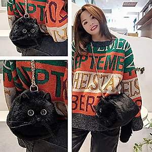HUIJUFU Realistic Puffy Plush Cat Shaped Crossbody Handbag for Women (Black Cat)