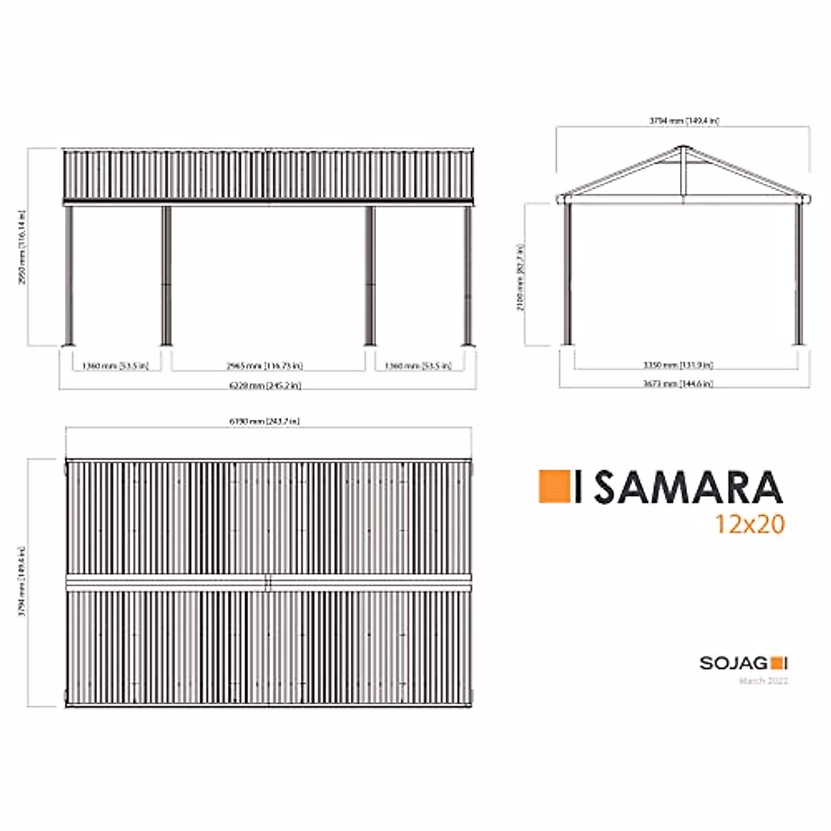 Sojag 12' x 20' Samara Carport Canopy Fabric Wall Enclosure Kit, Grey (135-9165845)