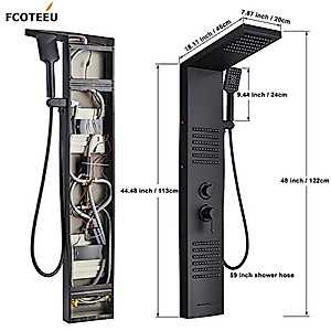 𝗙𝗖𝗢𝗧𝗘𝗘𝗨 𝗦𝗵𝗼𝘄𝗲𝗿 𝗣𝗮𝗻𝗲𝗹 𝗧𝗼𝘄𝗲𝗿 𝗦𝘆𝘀𝘁𝗲𝗺 Shower Panel with LED Full Body Shower System Rain Shower Head 3-Setting Handheld Spray Luxury Shower Tower Stainless Steel Black