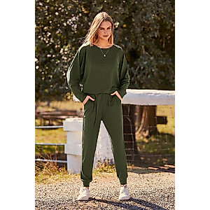 PRETTYGARDEN Women's Spring Fall Fashion Outfits 2 Piece Sweatsuit Long Sleeve Pullover Long Pants Ribbed Matching Lounge Set (Army Green,Large)