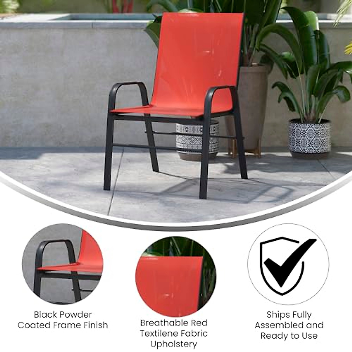 Flash Furniture Brazos Series Red Outdoor Stack Chair with Flex Comfort Material and Metal Frame, Set of 4