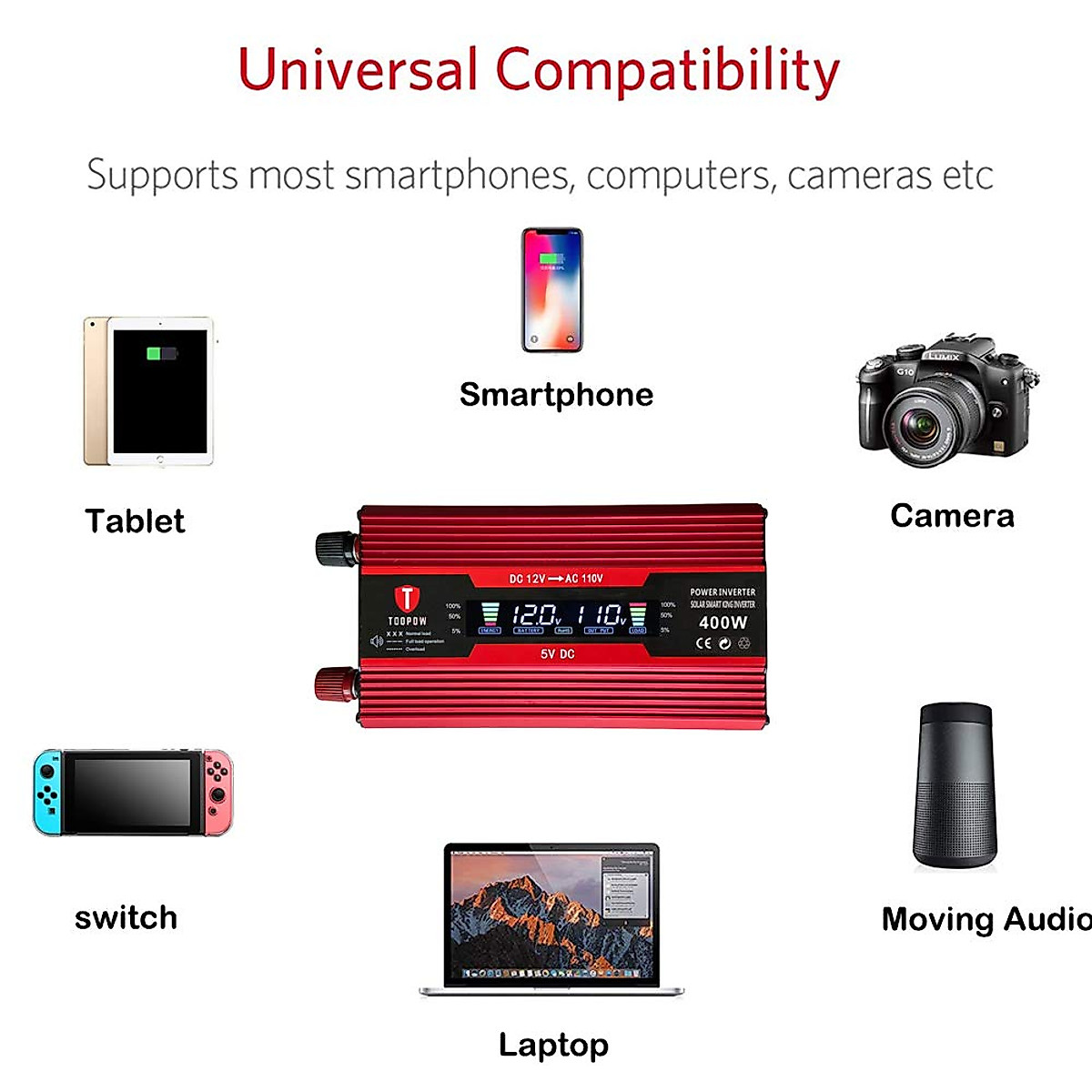 Toopow 400W Power Inverter DC 12V to 110V AC Converter with Digital LCD Display 2A USB Car Charger Adapter for RV Phones Tablets PC Laptops