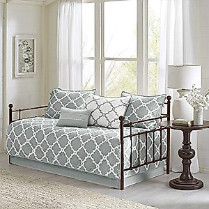 Madison Park Essentials Merritt Reversible Daybed Cover-Fretwork Print, Diamond Quilting All Season Cozy Bedding with Bedskirt, Matching Shams, Decorative Pillow, 75"x39", Grey 6 Piece