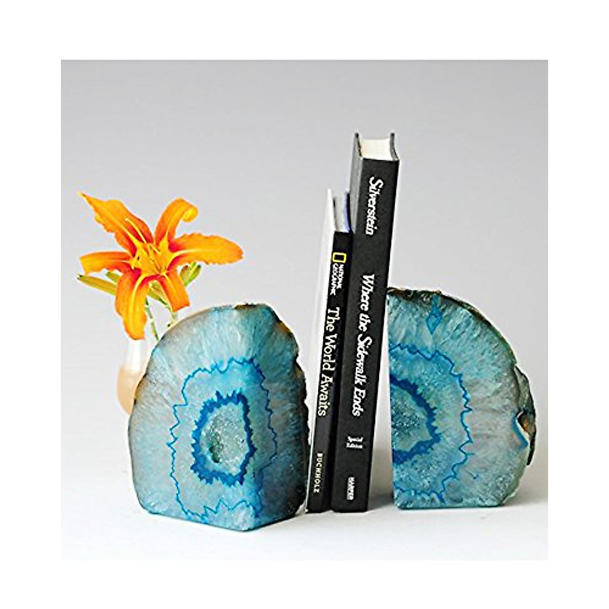 AMOYSTONE 1Pair Teal Agate Bookends Crystal Geode Book Ends 2-3 LBS with Anti-Slip Rubber Bumpers, Holder Small Books