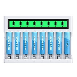 Deleepow AAA Batteries Rechargeable 1100mAh Nimh AAA Rechargeable Batteries 8-Pack 1.2V 1200 Cycles with USB-C and Micro USB 2 Charge Port LCD Charger
