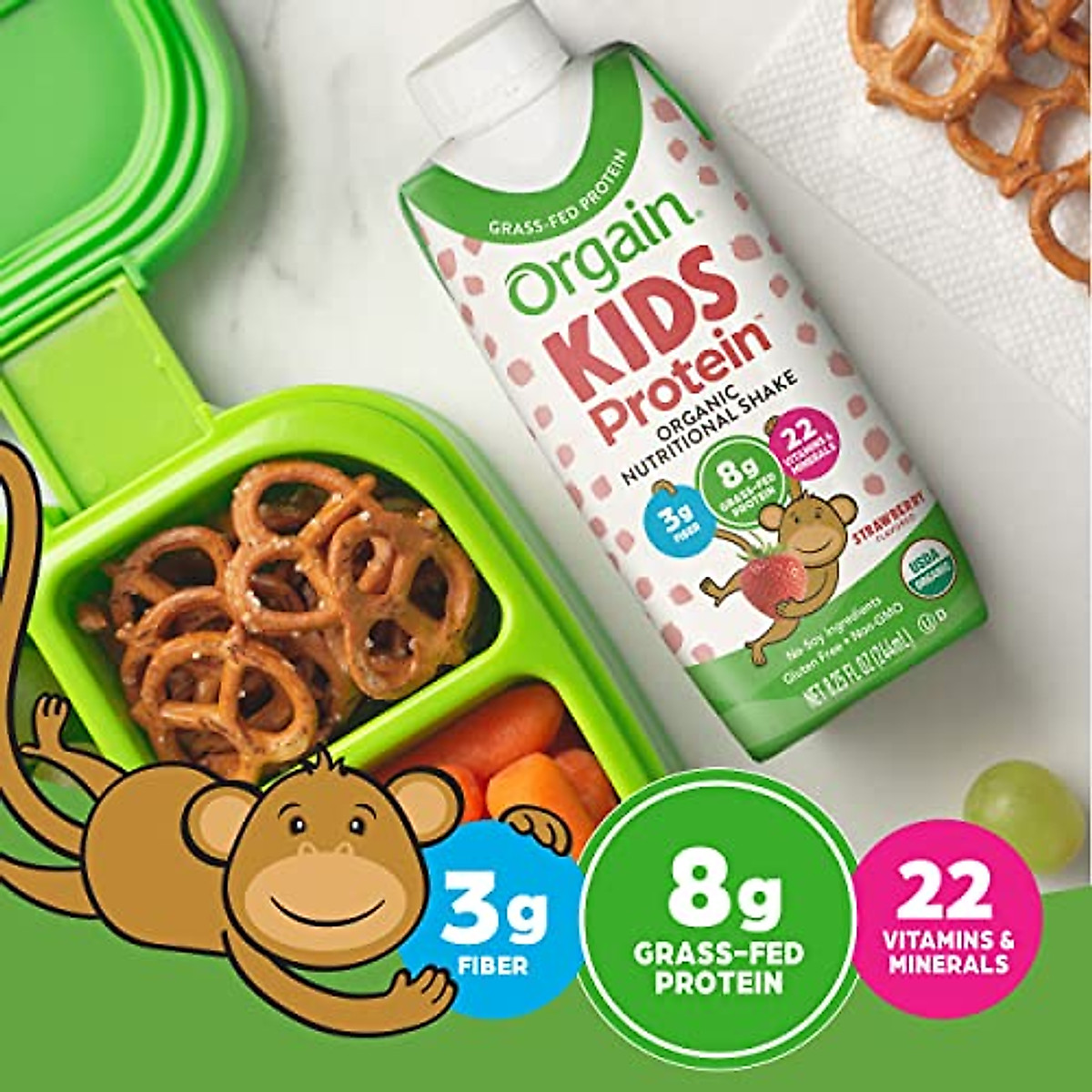 Orgain Organic Kids Protein Nutritional Shake, Strawberry - 8g of Protein, 22 Vitamins & Minerals, Fruits & Vegetables, Gluten Free, Soy Free, Kosher, Non-GMO, 8.25 Fl Oz (Pack of 12)