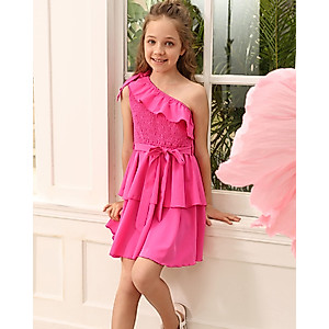 Danna Belle Pink Dress for Girls Summer Party One Shoulder Sleeveless Ruffle Dresses Size 7