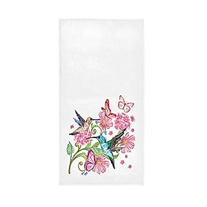 QUGRL Hummingbirds Butterflies Bath Hand Towels Fancy Pink Flowers Kitchen Dish Towels Soft Quality Premium Washcloths Guest Fingertip Towel Decor for Bathroom Spa Gym Sport 16x30 inches