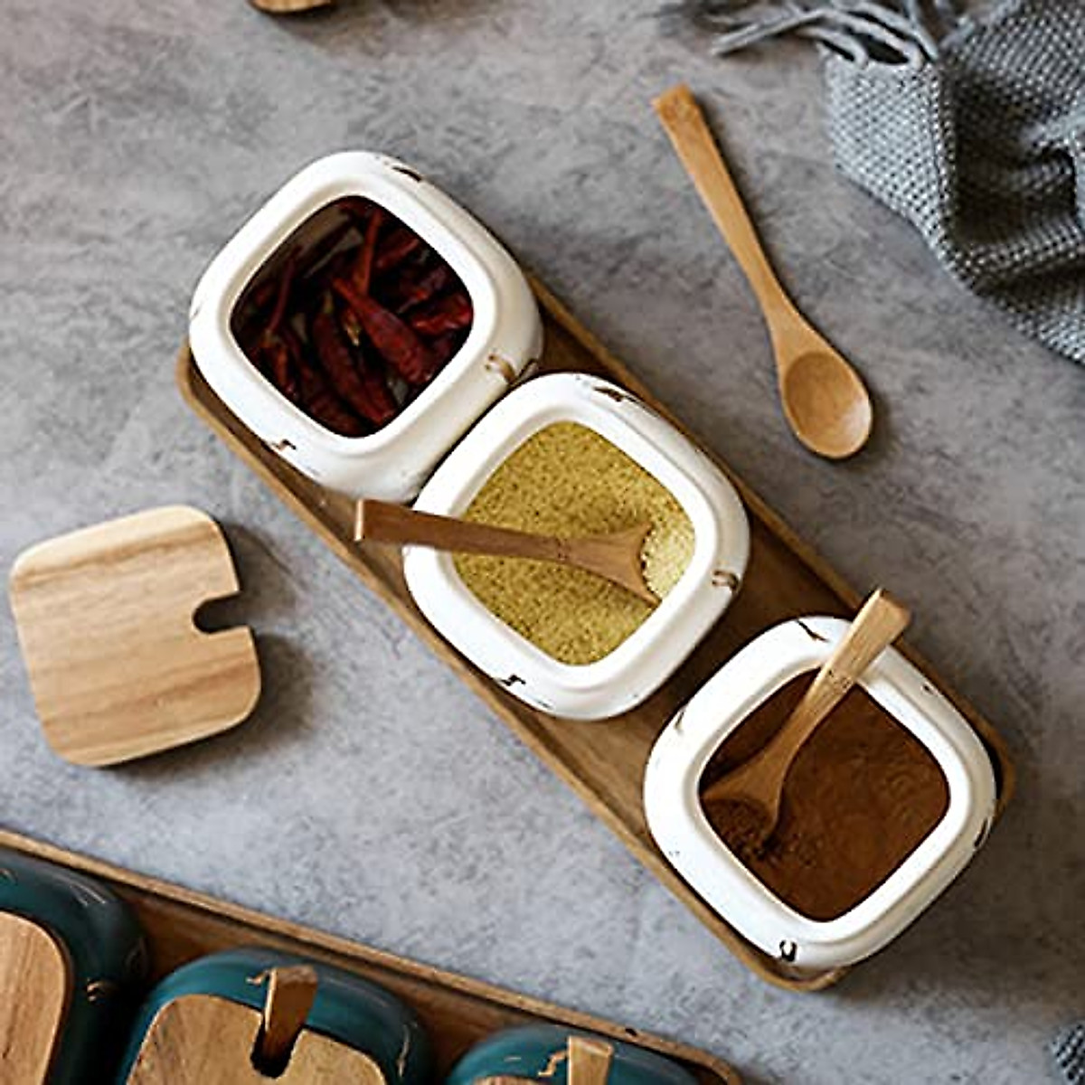 KIDYBELL Ceramic Spice Jars Porcelain Condiment Jars Set Marble Ceramic Seasoning Box 3pcs Condiment Pots for salt, sugar, pepper Kitchen Ceramic Seasoning Condiment Jar Set