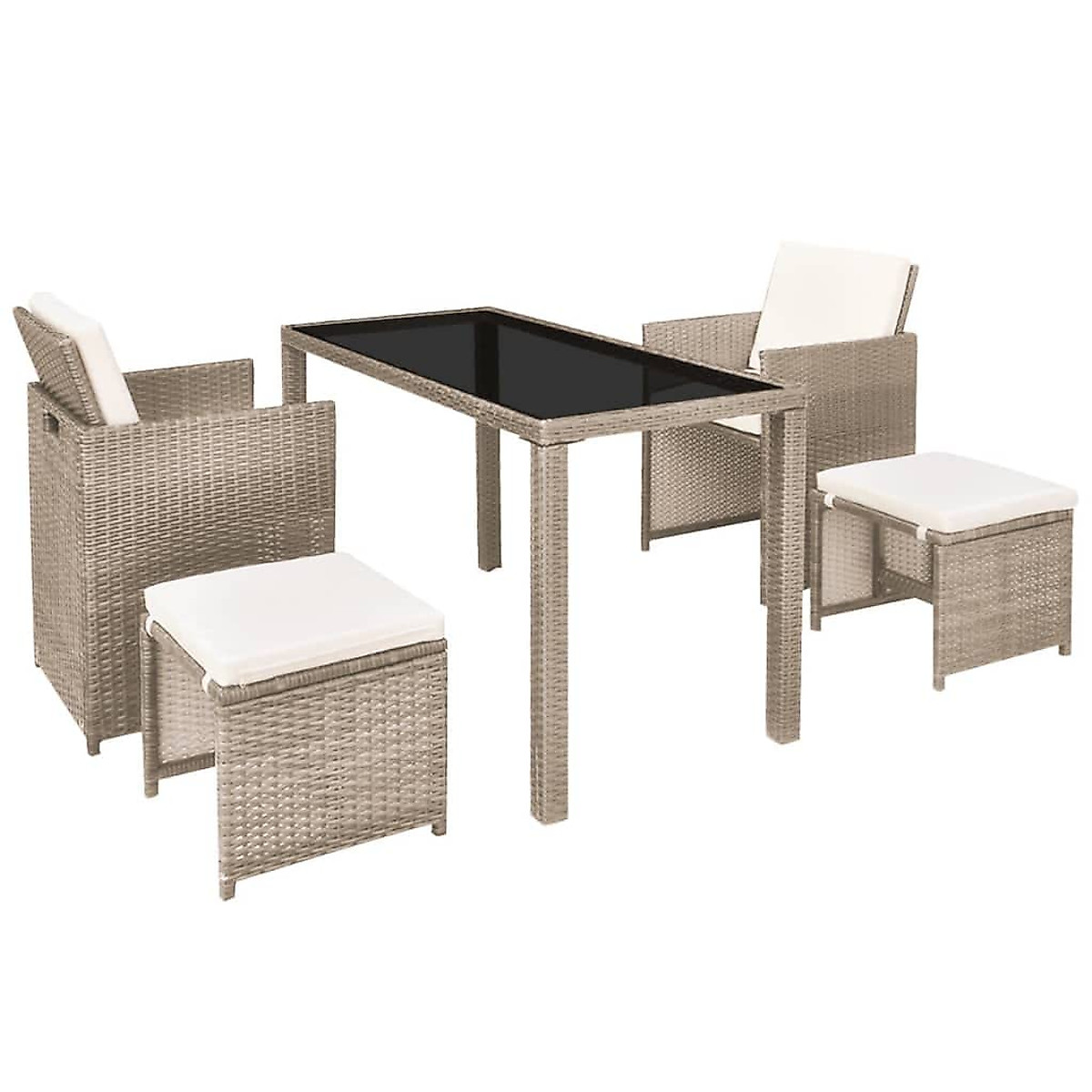 5 Piece Outdoor Dining Set with Cushions | Patio Dining Set | Garden 1 Glass Top Dining Table and 2 Rattan Chairs & Stools for Backyard Poolside Yard | Beige Poly Rattan with Steel Frame