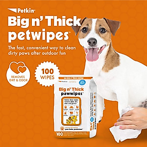 Petkin Big N' Thick Paw Wipes for Dogs, 100 Large Wipes - Clean Dirty Paws After Muddy Walks, with Paw Balm Protectant - Keep Floors and Furniture Clean - Ideal for Home or Travel - Orange Scent