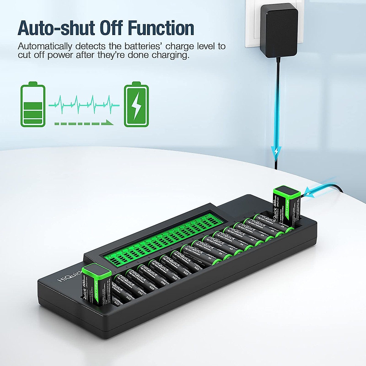 HiQuick 16+2 Bay AA AAA 9V Battery Charger, Fast Charging for NiMH NiCD Rechargeable Batteries, 2 Separate Charging Slot for 9V NiMH/Li-ion Battery with Smart LCD Display and AC Wall Adapter