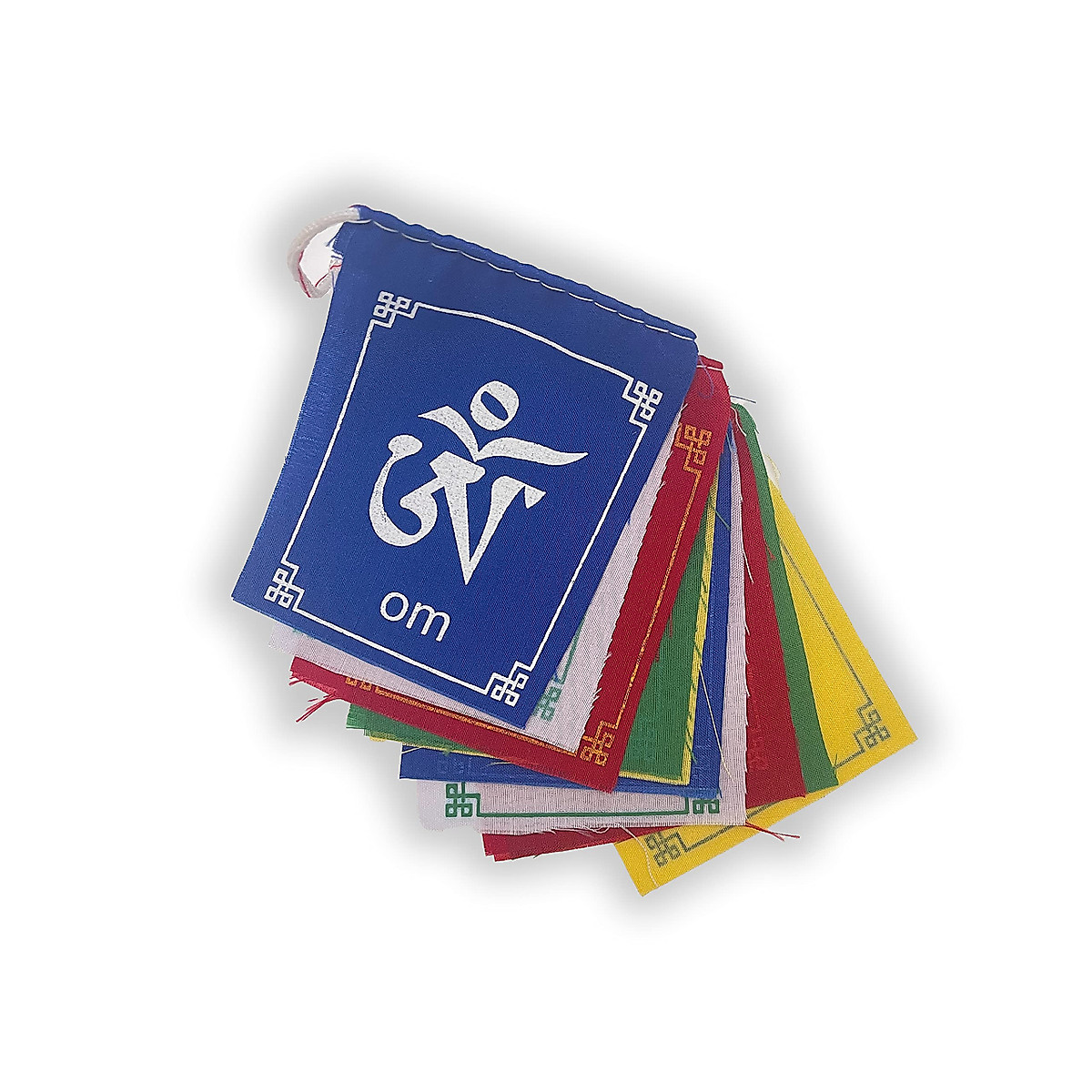 Buddha of Compassion Tibetan Prayer Flags Om Mani Padme Hum Set of 10 Five Tibetan Traditional Colors which are Yellow, Green, red, White and Blue. Each Color Represents an Element.