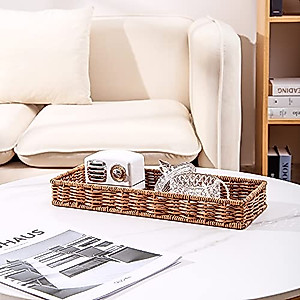 Rectangular Bathroom Tray, Guest Towel Napkin Holder, Imitated Rattan Toilet Tank Basket, Counter Organizers Storage Decorative Tray for Drinks Snack Fruit Home Decor (14'' x 5.3'' x 1.8'')