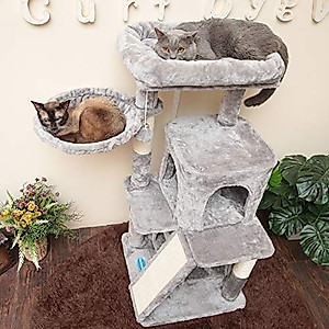 Hey-bro 41.34 inches Cat Tree with Scratching Board, 2 Luxury Condos, Cat Tower with Padded Plush Perch and Cozy Basket, Light Gray MPJ004W