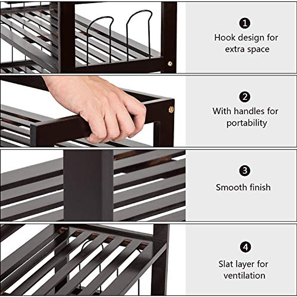 Kinsuite Shoe Rack Organizer 5-Tier Bamboo Shoe Shelf Free Standing Adjustable Shelves with 12 Hooks for Entryway Closet Bedroom, Dark Brown