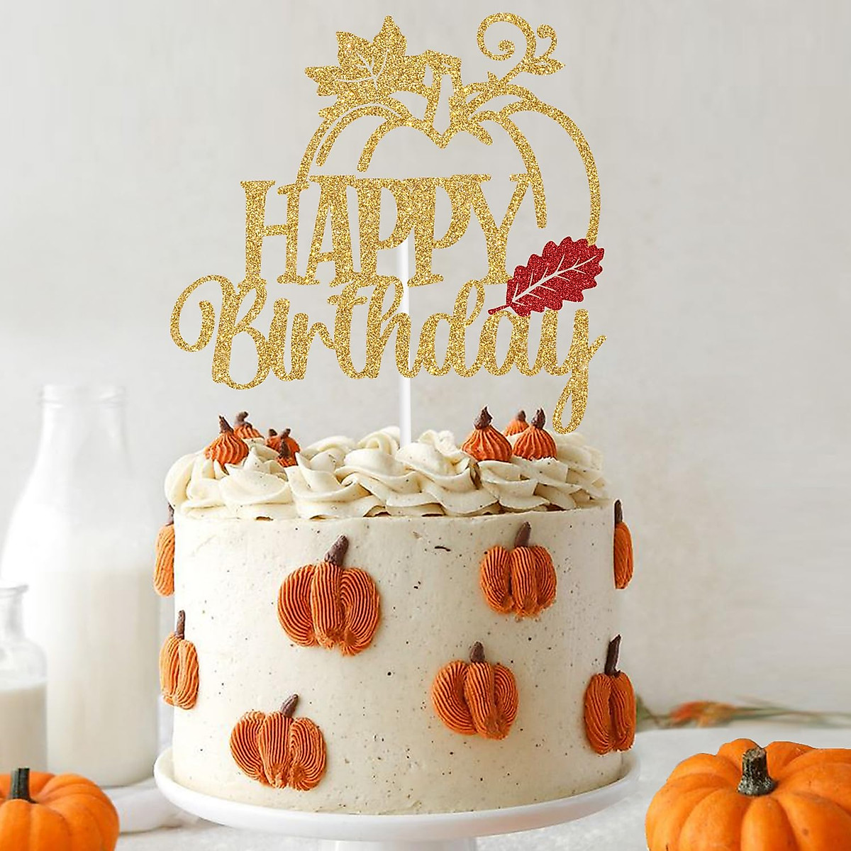 Gold Glitter Pumpkin Happy Birthday Cake Topper, Pumpkin Themed Birthday Party Decorations, Autumn Fall Maple Leaves Birthday Party Decorations Supplies