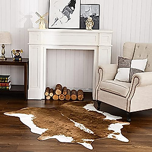 HOMORE Cowhide Rug, Cute Cow Print Rug for Living Room Faux Cow Hide Animal Print Carpet for Bedroom Office Table, 4.6 x 5.2 Feet, Khaki Brown