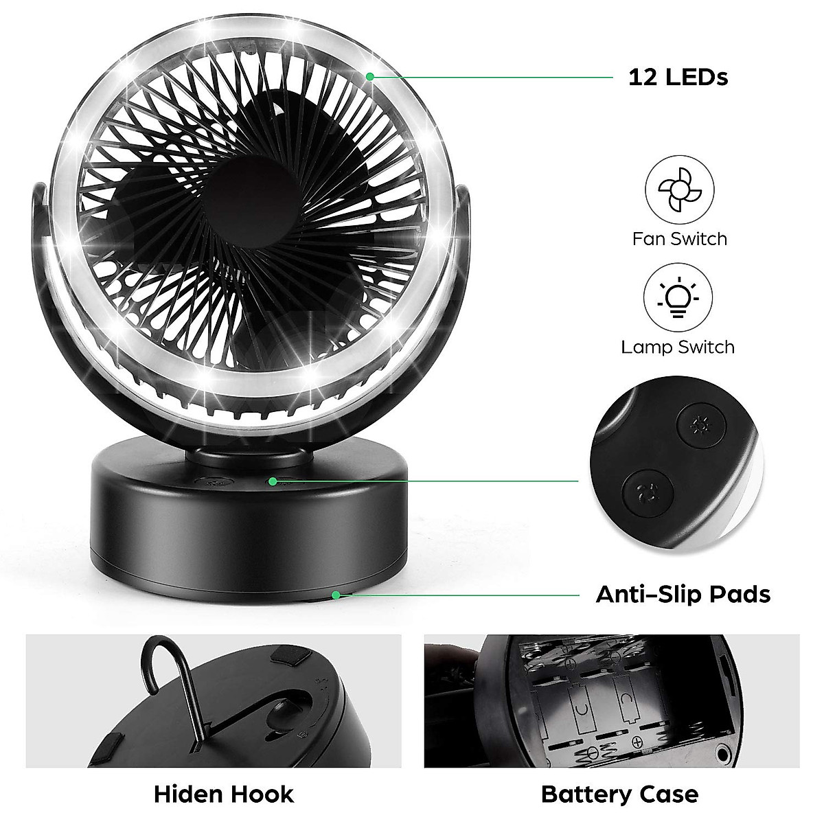Odoland Portable Camping Fan with LED Lantern, Battery Operated Tent Fan Light Lamp with Hanging Hook for Camping, Hiking, Hurricane, Outages, Emergency Gear