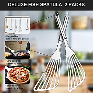 2-Piece Cualork Fish Spatula, Upgrade Metal Spatula, Big Size Spatula Stainless Steel, Premium Kitchen Spatula Set, Thickness Blade Spatulas Turner for Cooking, Flipping, Turning, Frying and Grilling
