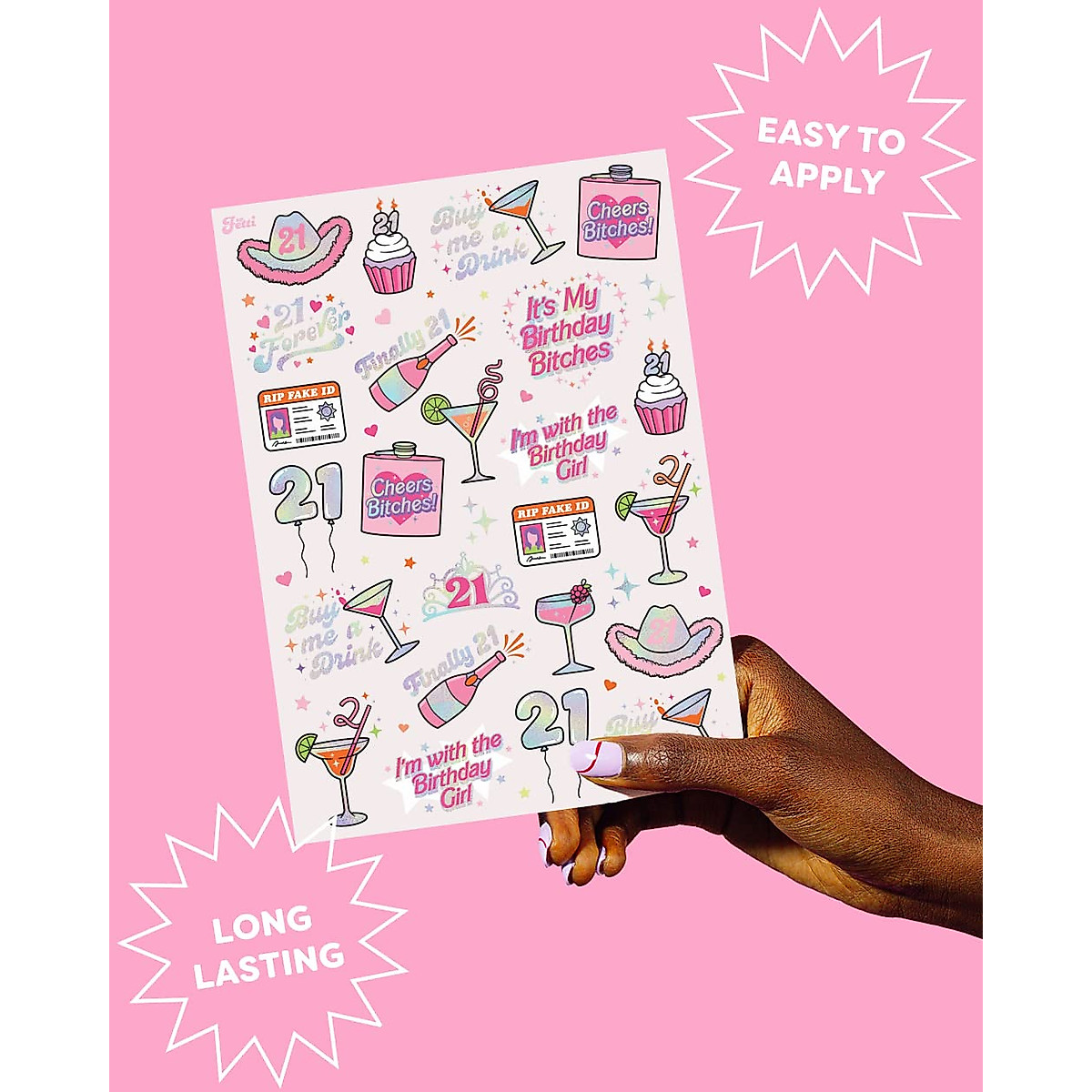 xo, Fetti 21st Birthday Party Decorations Temporary Tattoos - 48 pcs | Fun Bday Girl Party, Finally 21, RIP Fake ID, HBD, Disco Cowgirl Party, Twenty One Tiara