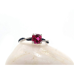 Dazzlingrock Collection 6 MM Cushion Lab Created Ruby with Round Blue Sapphire & Diamond Women Engagement Ring | 10K White Gold, Size 6.5