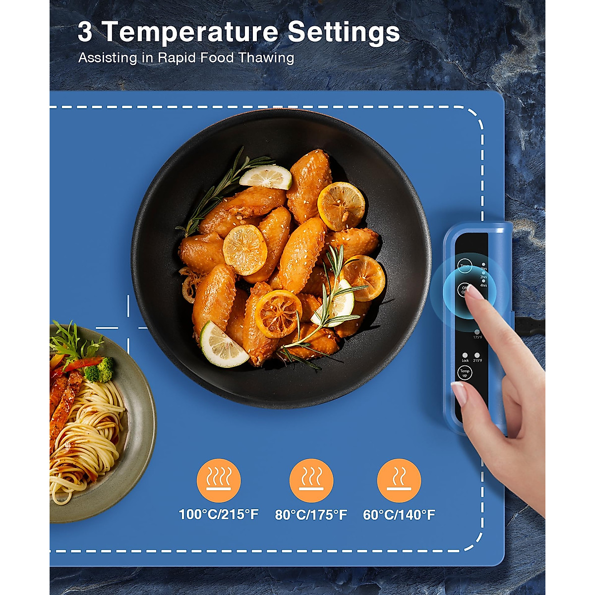 Electric Warming Tray - Full Surface Heating,Rollable & Portable - 3 Temperature Settings & Fast Heating，Food Warmer Rolling Silicone Mat for Gatherings,Parties, Buffet,Everyday Use (Blue)