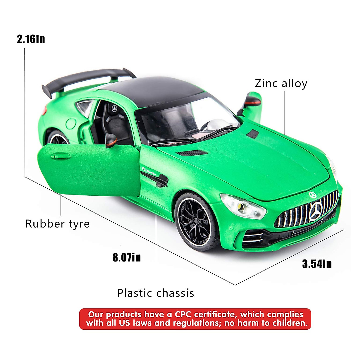 BDTCTK 1/24 Benz AMG GTR Toy Cars Model Car, Zinc Alloy Pull Back Toy car with Sound and Light for Kids Boy Girl Gift(Green)