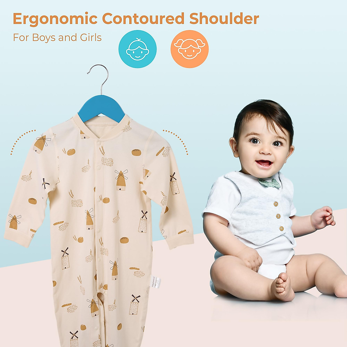 JS HANGER Kids Wooden Hangers 20 Pack, Solid Wood Baby Hangers, Children's Coat Hangers with Pants Bar, Shoulder Notches, Swivel Hooks, 12.6 Inches, Blue and Silver for Boy & Girls