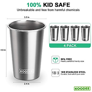 koodee Stainless Steel Cups(4 Pack) 16 oz Pint Tumbler Stackable Metal Drinking Glasses for Camping, Outdoors（Sky Blue-Baby Blue-Pink-Teal）