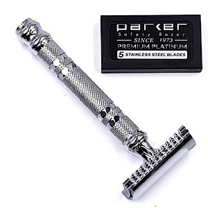 Parker Deluxe OPEN COMB Double Edge Safety Raozr, Electroplated Brass Handle, 5 Blade Refills Included (24C - Deluxe Chrome)