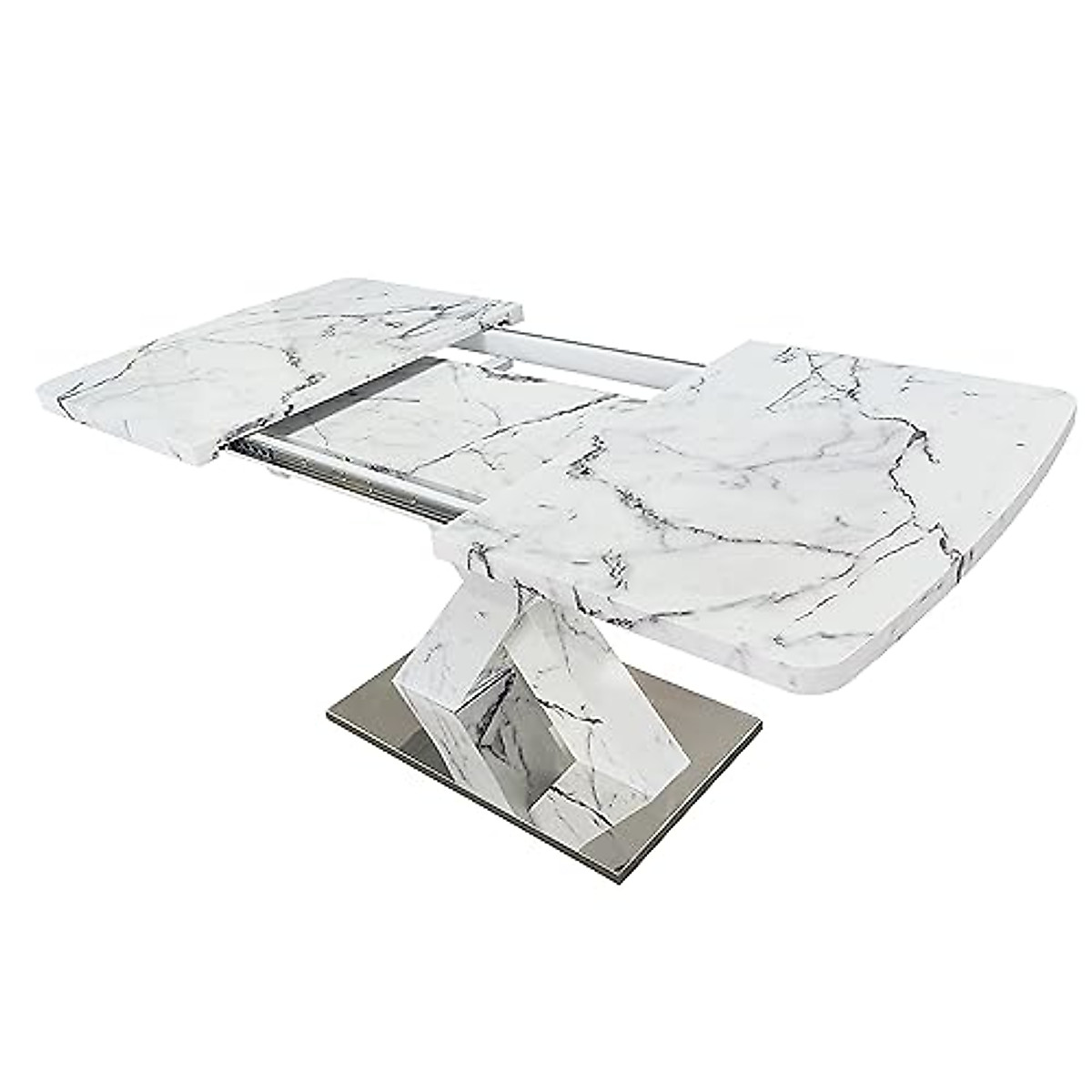 Modern Marble Top Dining Table, Extendable Marble Dining Table for 4-6, Expandable Dining Table with Faux Marble Top and Crossed Pedestal Base, Large Dining Table for Dining Room Kitchen (White)