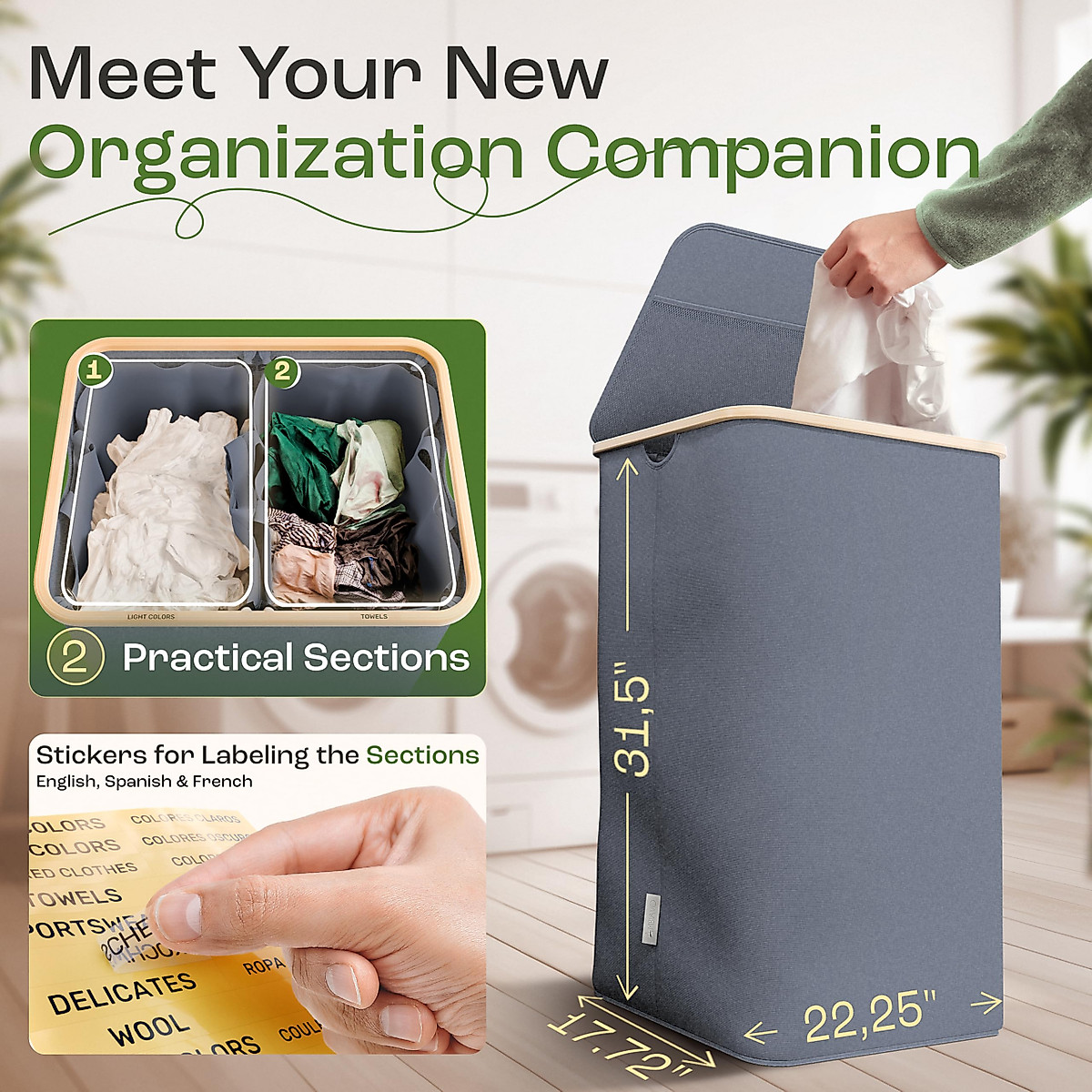 AMBIAVO XXL Laundry Hamper 2 Section – Grey – Dual Laundry Hamper with Lid, Double Hamper, Laundry Basket 2 Section, Perfect for College and Dorm, 52 Gallon Large Laundry Basket