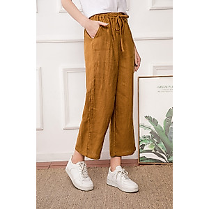 LaovanIn Women's Wide Leg Palazzo Pants Linen Drawstring Cropped Pants Trousers Culottes Coffee Medium