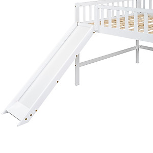 Harper & Bright Designs Full Size Low Loft Bed with Slide, High Guardrail & Ladder, Kids Wooden Full Loft Bed Frame for Girls,Boys, No Box Spring Needed, White