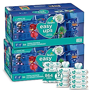 Pampers Easy Ups Pull On Training Pants Boys and Girls, 5T-6T (Size 7), 2 Month Supply (2 x 84 Count) with Sensitive Water Based Baby Wipes, 12X Pop-Top Packs (864 Count)