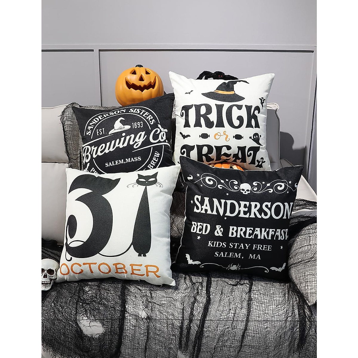 Halloween Decorations Pillow Covers Double-Side Printing 18x18 Set of 4 Halloween Decor Indoor Outdoor Hocus Pocus Farmhouse Saying Halloween Decorative Cushion Cases Spider Web Cat Skull Home Decor