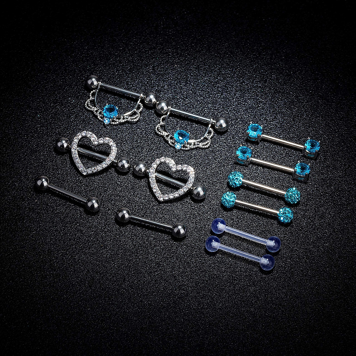 Masedy 6 Pairs 14G 316L Stainless Steel Nipplerings Nipple Tongue Rings Women CZ Barbell Body Piercing Jewelry Blue