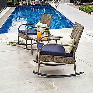 LOKATSE HOME 3 Pcs Outdoor Rattan Conversation Furniture Patio Bistro Wicker Set Modern Rocking Chair with Cushion & Coffee Table, Beige