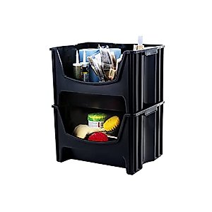 Mighty Tuff Jumbo Stackable Storage Bins, Pack of 3, Easy-Access Storage, Large Easy-To-Grip Handles, Wide Front Opening, Interlocking, Stack Vertically, Black
