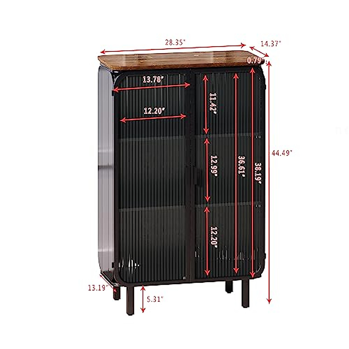 Voohek Modern 2 Fluted Tempered Glass Doors, Featuring Three-Tier, Unique Fir Top, for Living, Dining Room, Black+Brown Storage Cabinet