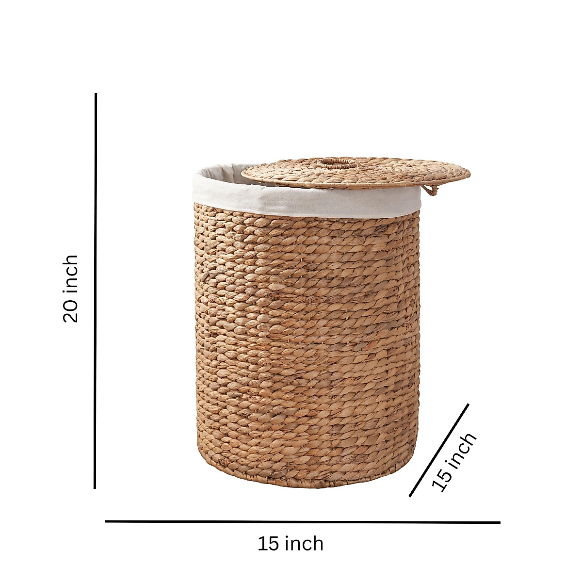 Round Woven Wicker Laundry Hamper with Lid - Large Water Hyacinth Storage Wicker (Natural Brown, 15"L x 15"L x 20"H)