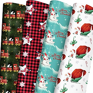 ZINTBIAL Funny Christmas Wrapping Paper for Kids Adults - Xmas Gift Wrap with Red/Black Plaid Snowman, Polar Bears, Cute Santa, and Christmas Train Designs - 20 x 29 Inches, 8 Folded Sheets -