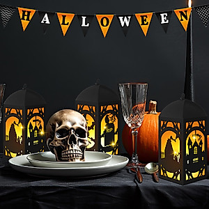 Glooglitter 6 Pcs Halloween Paper Lantern Halloween Table Centerpieces Spooky Halloween Lanterns with LED String Lights Spooky Skeleton Owl Bat Castle Pumpkin Party Decoration